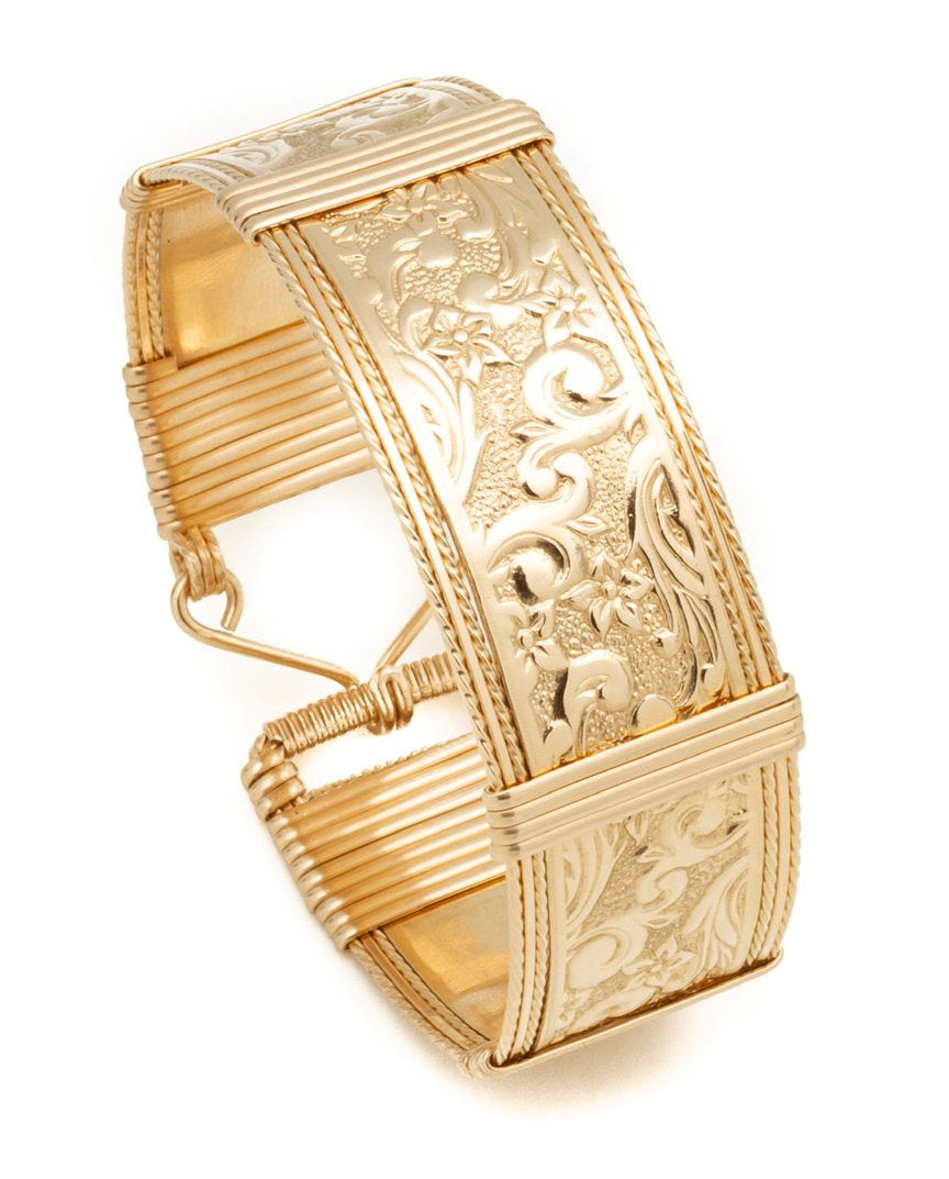 WIDE GOLD WIRE WRAPPED BRACELETS WITH EMBOSSED PATTERNS (2 styles ...